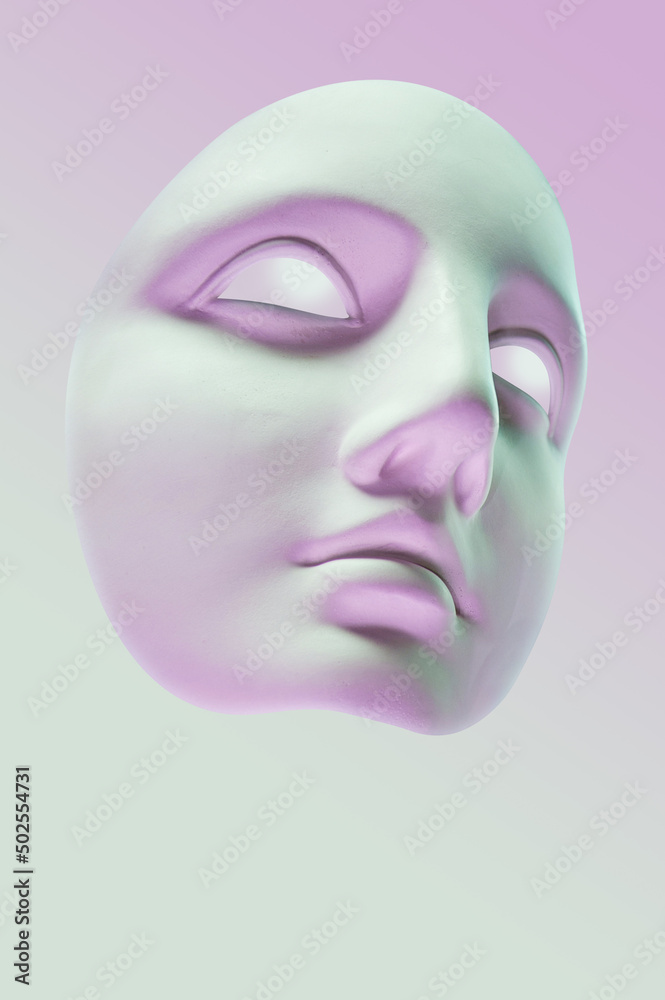 Photo & Art Print Collage with antique sculpture of mask human face in ...