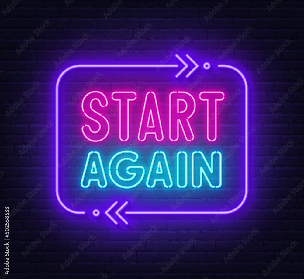 Start again neon sign on a brick background. Stock Vector | Adobe Stock