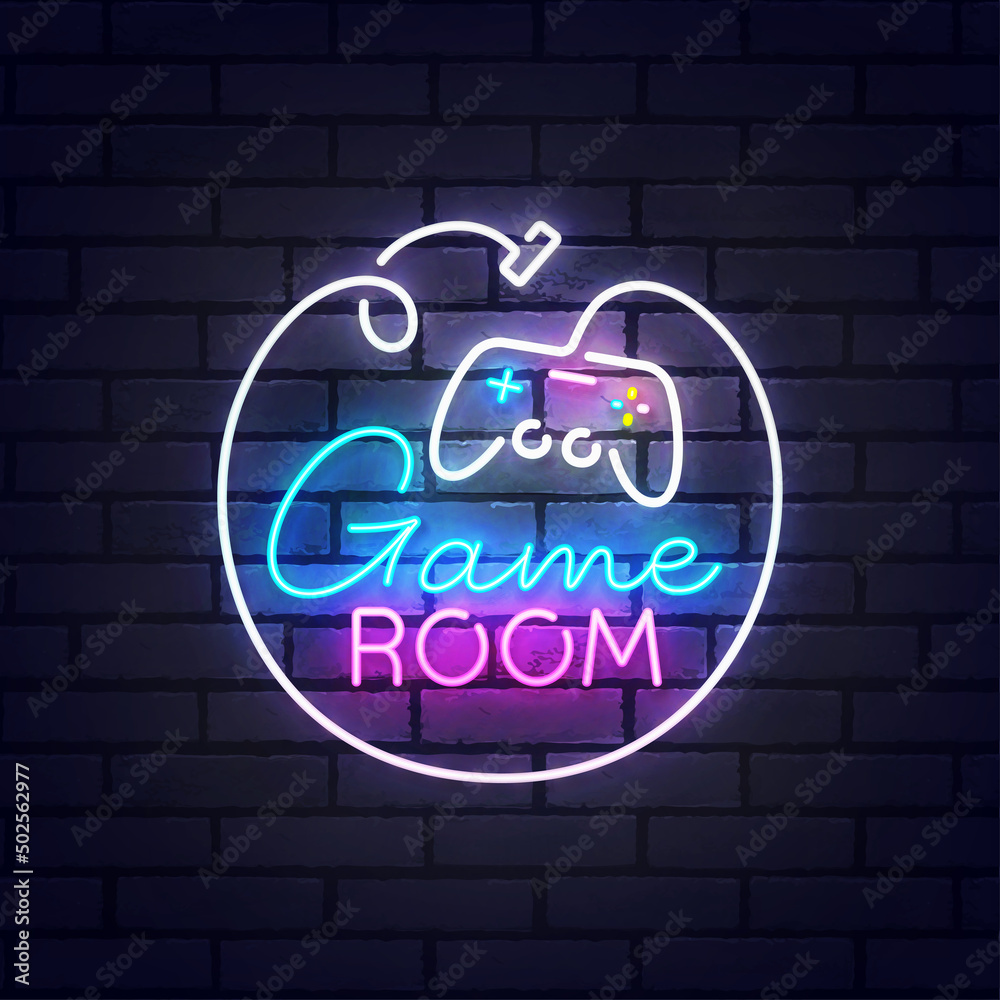 Game neon sign, bright signboard, light banner. Game Room logo neon ...