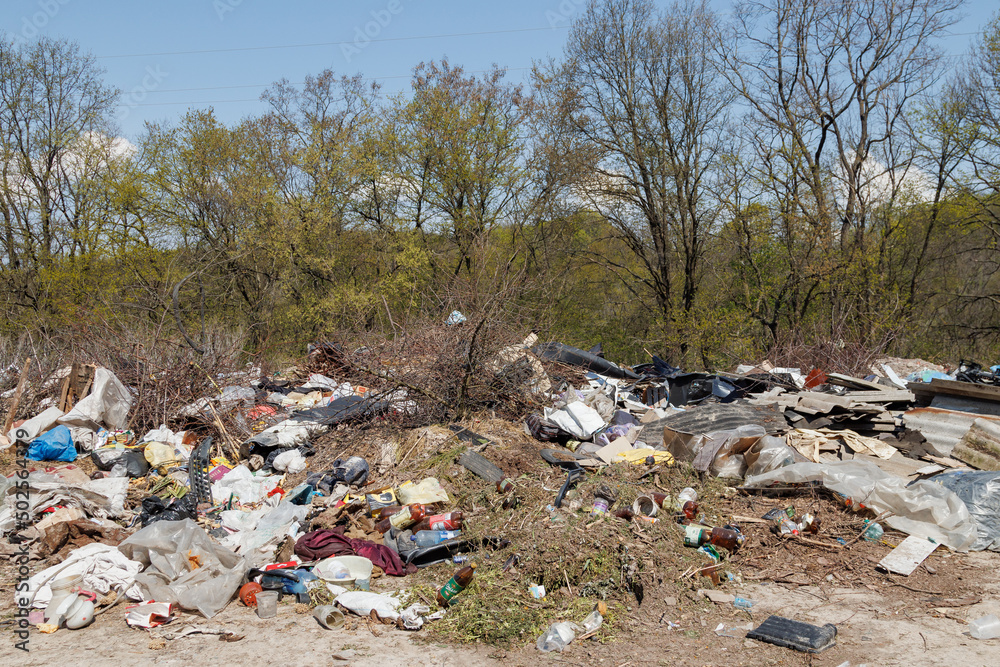 A view of the landfill. Garbage dump. A pile of plastic rubbish, food ...