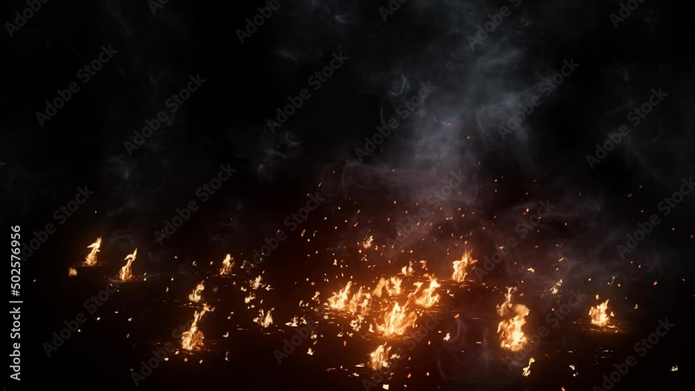 3D animation on realistic scattered fire with smoke and sparks looped ...