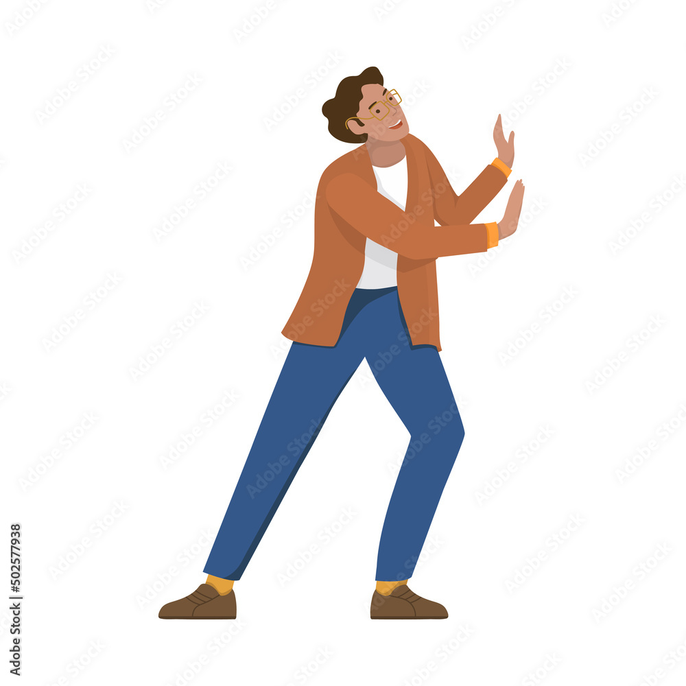 The man is pushing something. Cartoon style. A man in an office worker ...