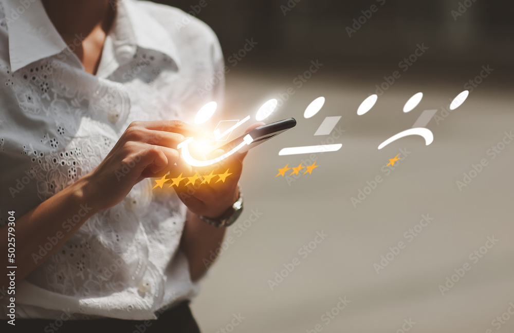 Customer service evaluation concept. Business woman pressing smiley ...