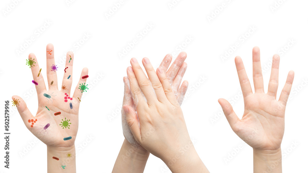 Hand contaminated with germs pre and post hand washing isolated on ...