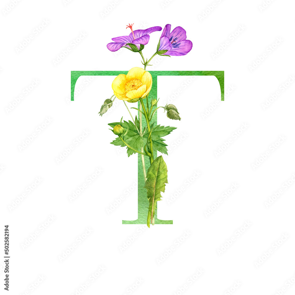 watercolor drawing letter T with flowers, hand drawn illustration ...