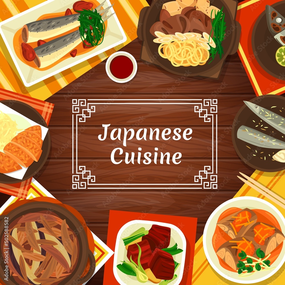 Japanese cuisine and Asian food menu cover, Japan dishes and restaurant ...
