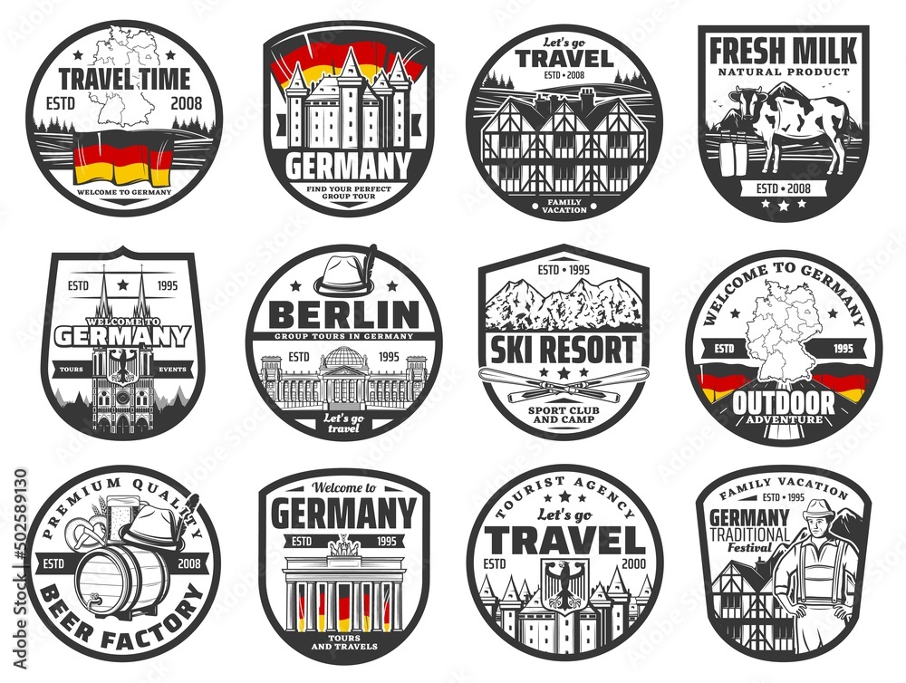 Travel to Germany vector icons, German famous landmarks, sightseeing ...