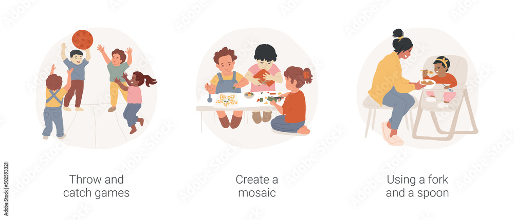 Kids motor skills development isolated cartoon vector illustration set ...