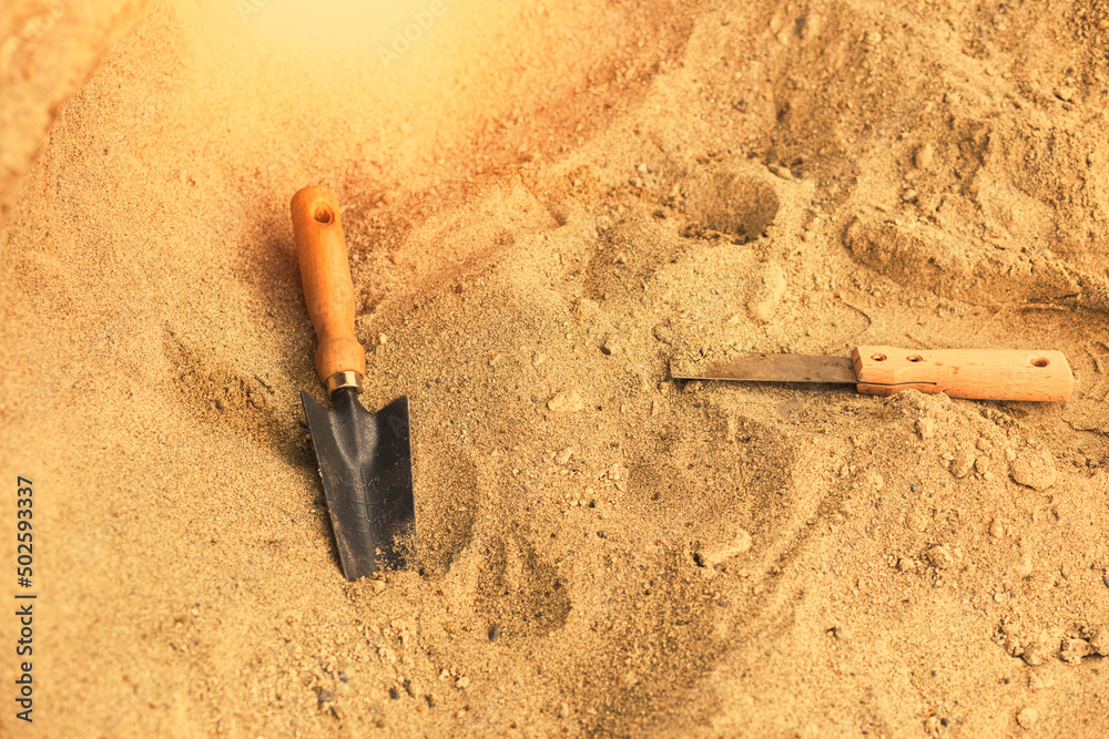 Shovel in the sand.Skeleton and archaeological tools.Digging for ...