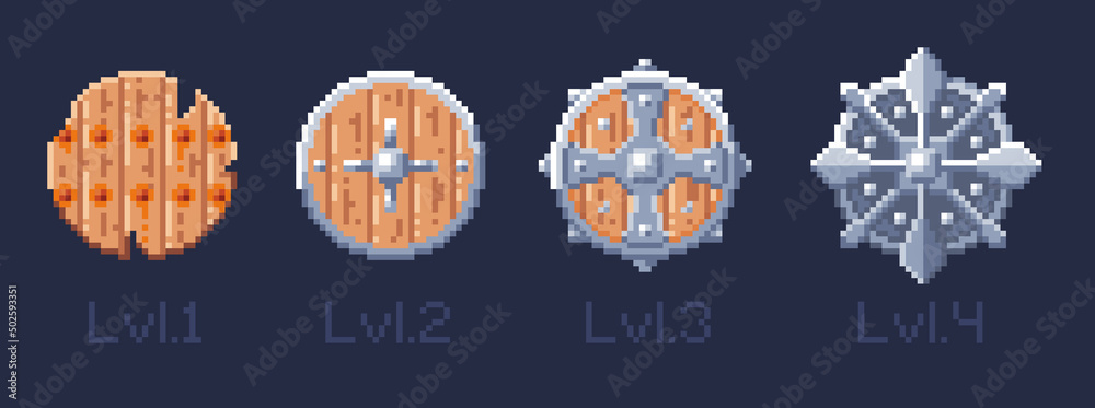 Vecteur Stock Pixel art viking shields for rpg, sandbox games ...