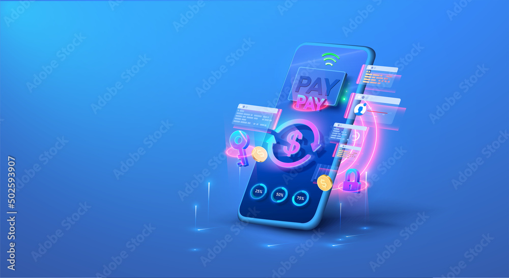 Fast payment by smartphone. International currency transfer, payment ...