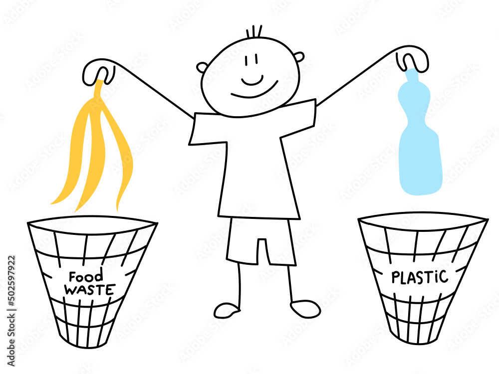 Waste sorting. Food waste and plastic waste are thrown into separate ...
