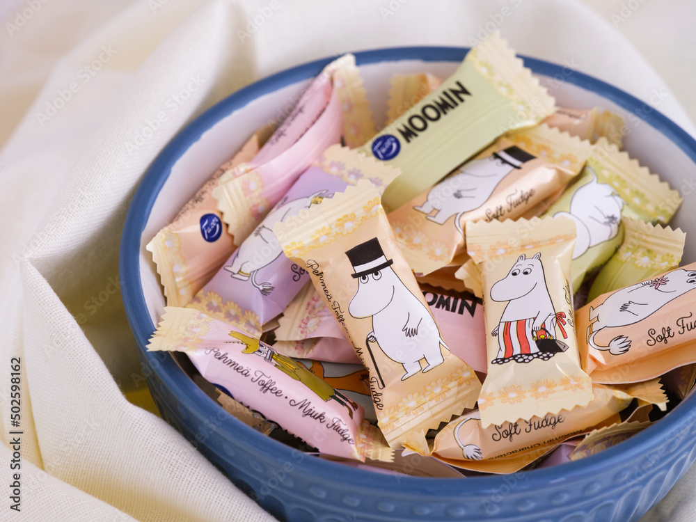 Tambov, Russian Federation - April 27, 2022 A Bowl full of Moomin Soft ...