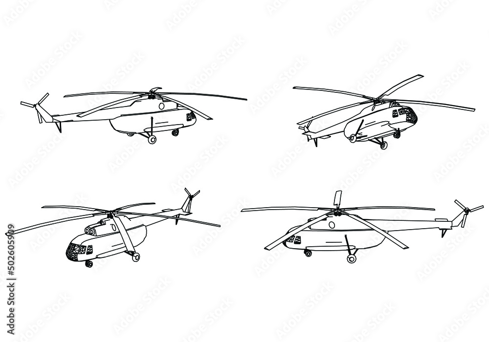 Helicopter drawing line art vector illustration for coloring book ...