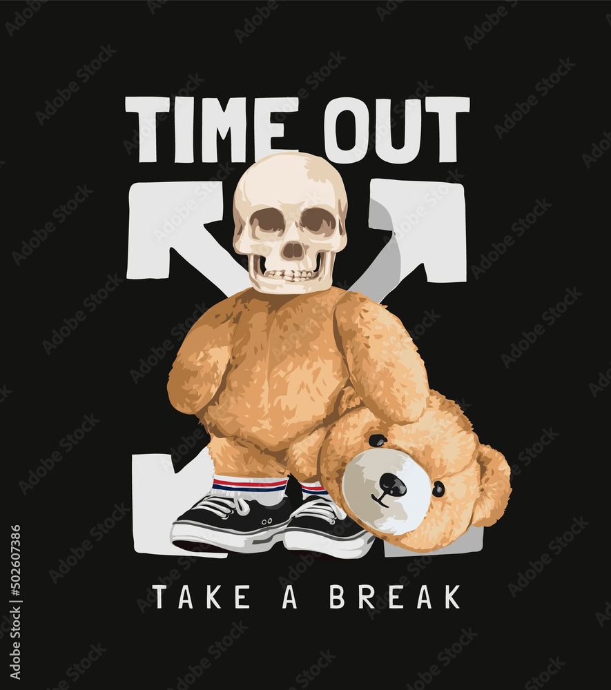 time out slogan with skeleton in bear doll mascot vector illustration ...