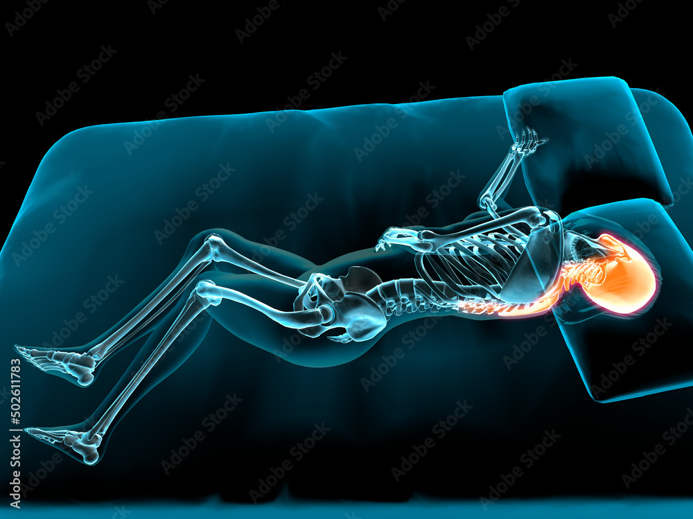 X-ray view of a woman sleeping with brain, skull and spine highlighted ...
