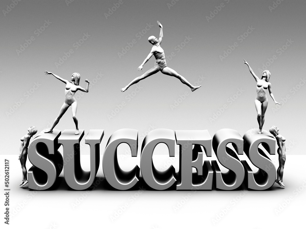 Success block lettering with five figures in white-grey monochrome ...