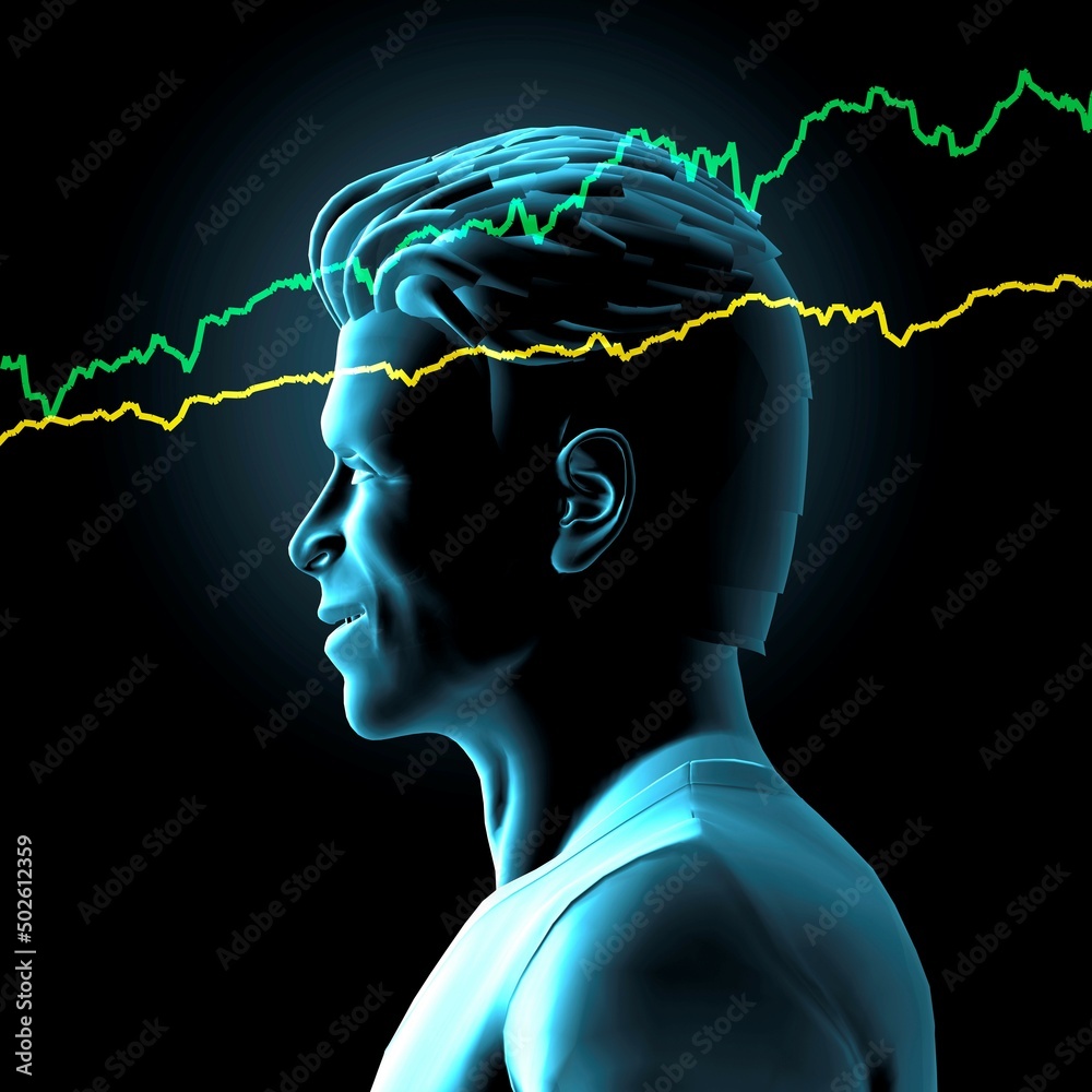 Man's head in profile with stock market charts Stock Illustration ...