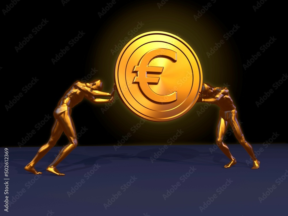 Large golden Euro coin lifted by two golden men Stock Illustration ...