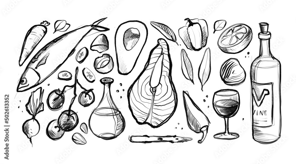 Hand Drawing Mediterranean Diet Set of Food. Wine, lemon, pepper ...