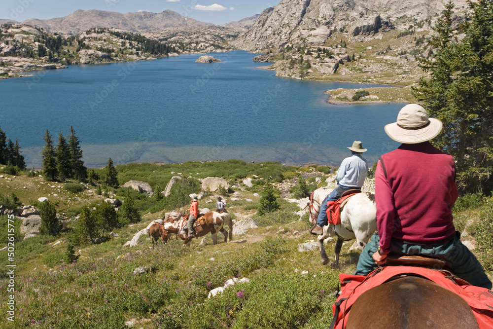 People horseback riding on a mountain, Island Lake, Bridger-Teton ...