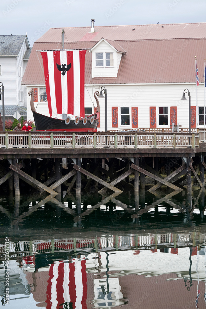 Viking ship in front of a building, Bojer Wikan Fisherman's Memorial ...