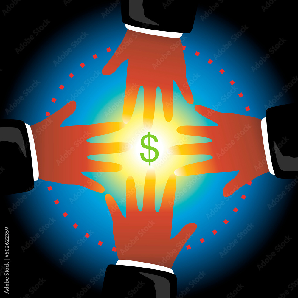 Hands reaching for glowing Dollar sign, illustration Stock Illustration ...