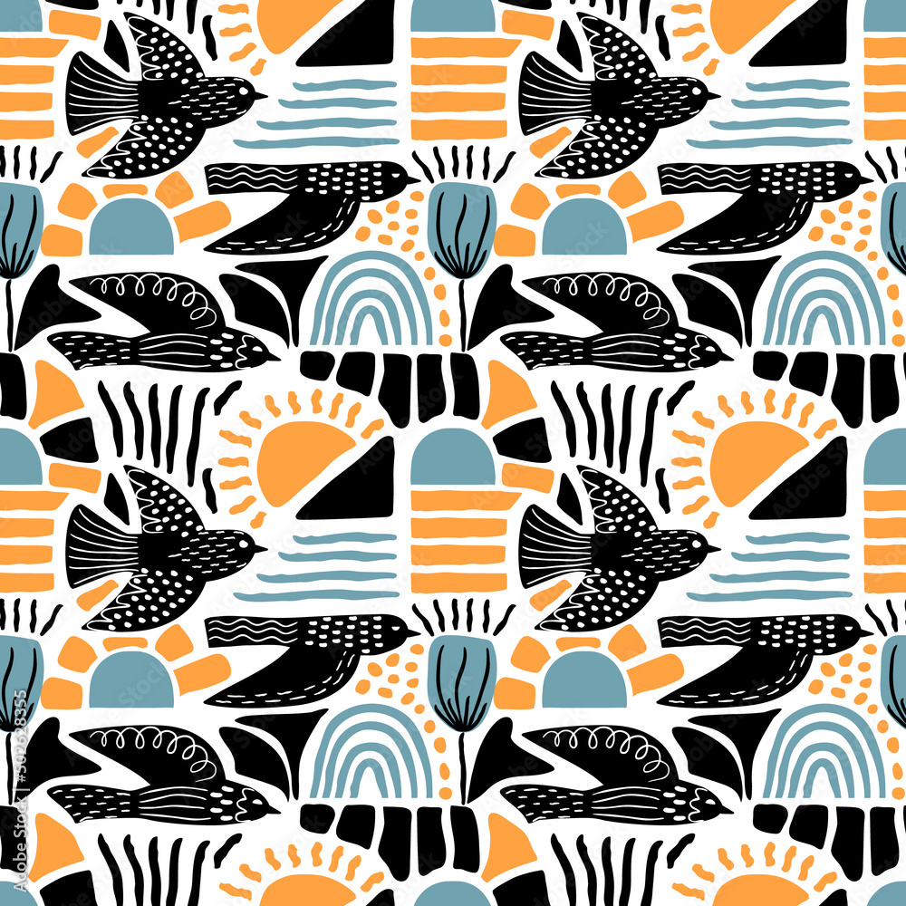 Abstract seamless pattern with flying birds and geometric shapes ...