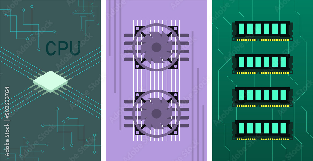 Processor, cooler and RAM. Set of vector illustrations. Wallpaper ...