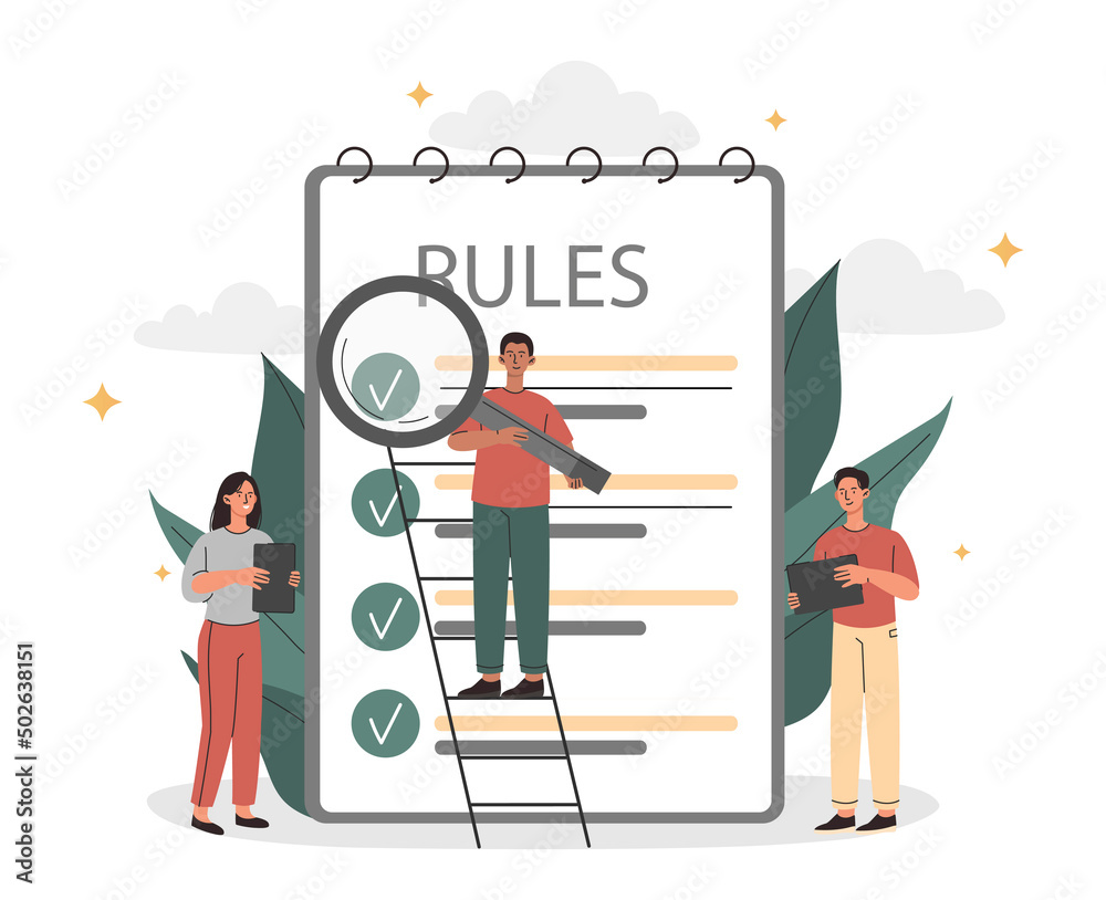 Characters create checklist. Workers check with task list, time ...