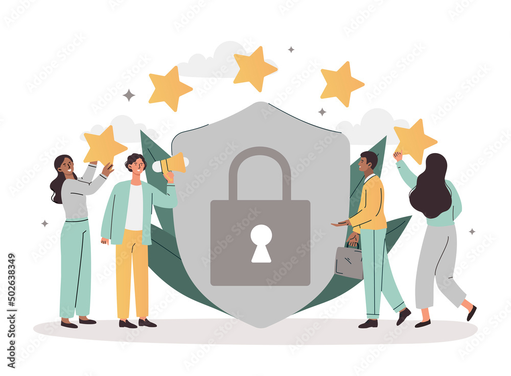 Data protection concept. Characters next to shield and castle. Internet ...