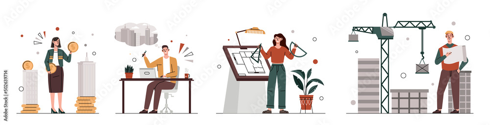 Architectural project concept. Collection of characters who draw plan ...