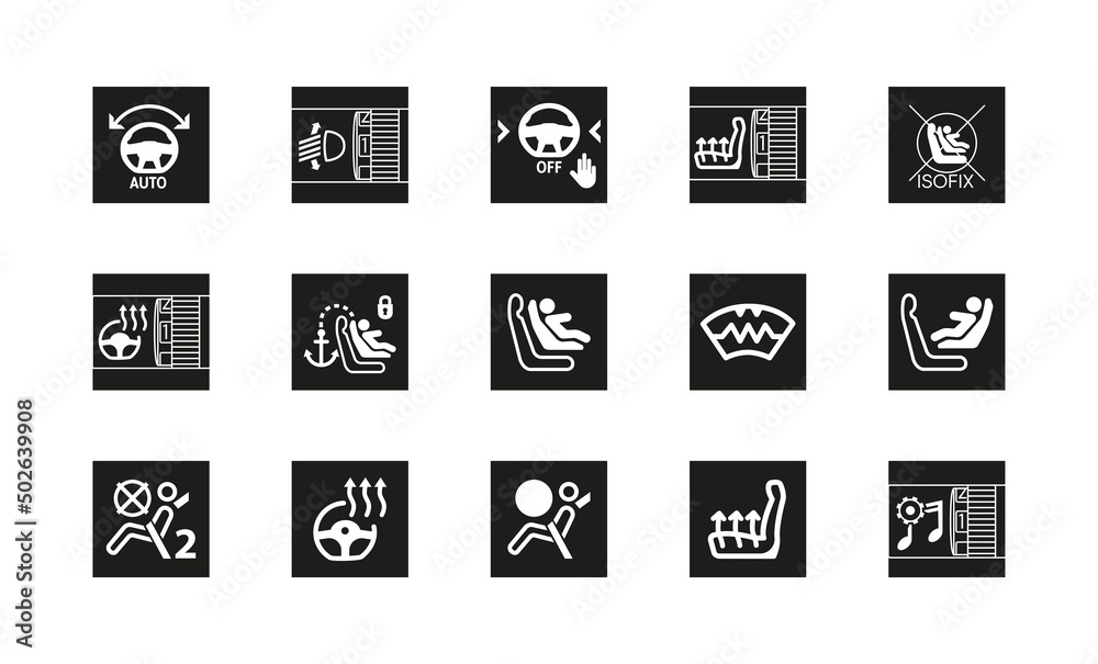 Set of 15 car interior tech icons. Car signs such as automatic steering ...