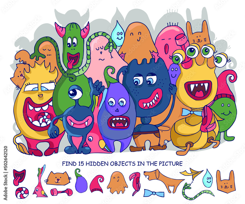 Find hidden objects. Cute Monsters. Puzzle game for kids. Printable ...