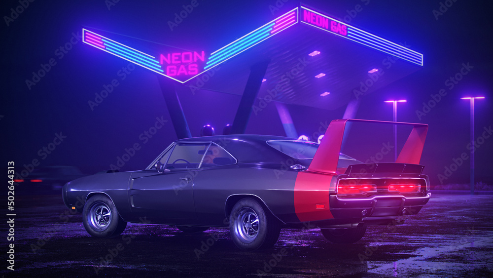 Neon gas station and retro car. Vintage cyberpunk auto. Fog rain and ...