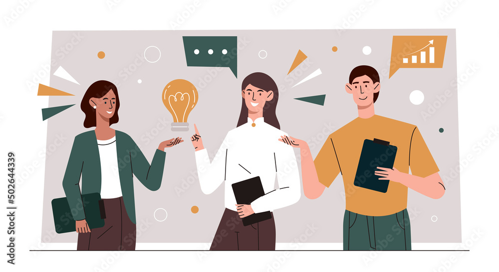 Business communication concept. Men and girls discussing ideas ...