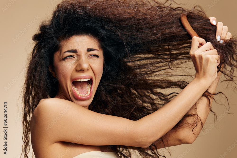 HAIR LOSS. TANGLED HAIR CONCEPT. Screaming suffering irritated awesome ...