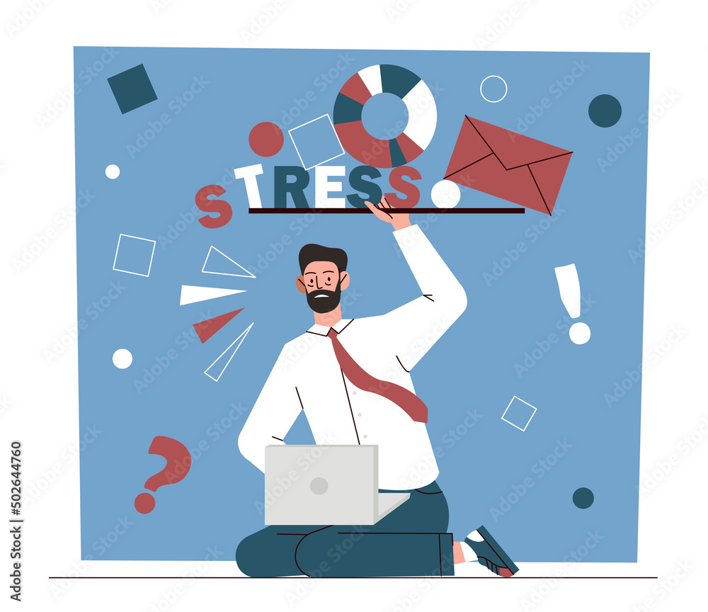 Exhausted employee concept. Man works at laptop, holding shelf with ...