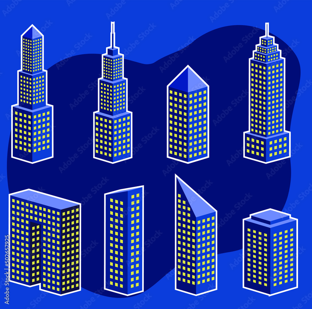Set de ilustraciones vectoriales de edificios con diferentes formas y ...