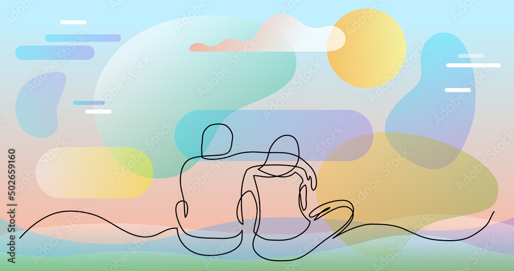 continuous line drawing of two close friends sitting together hugging ...