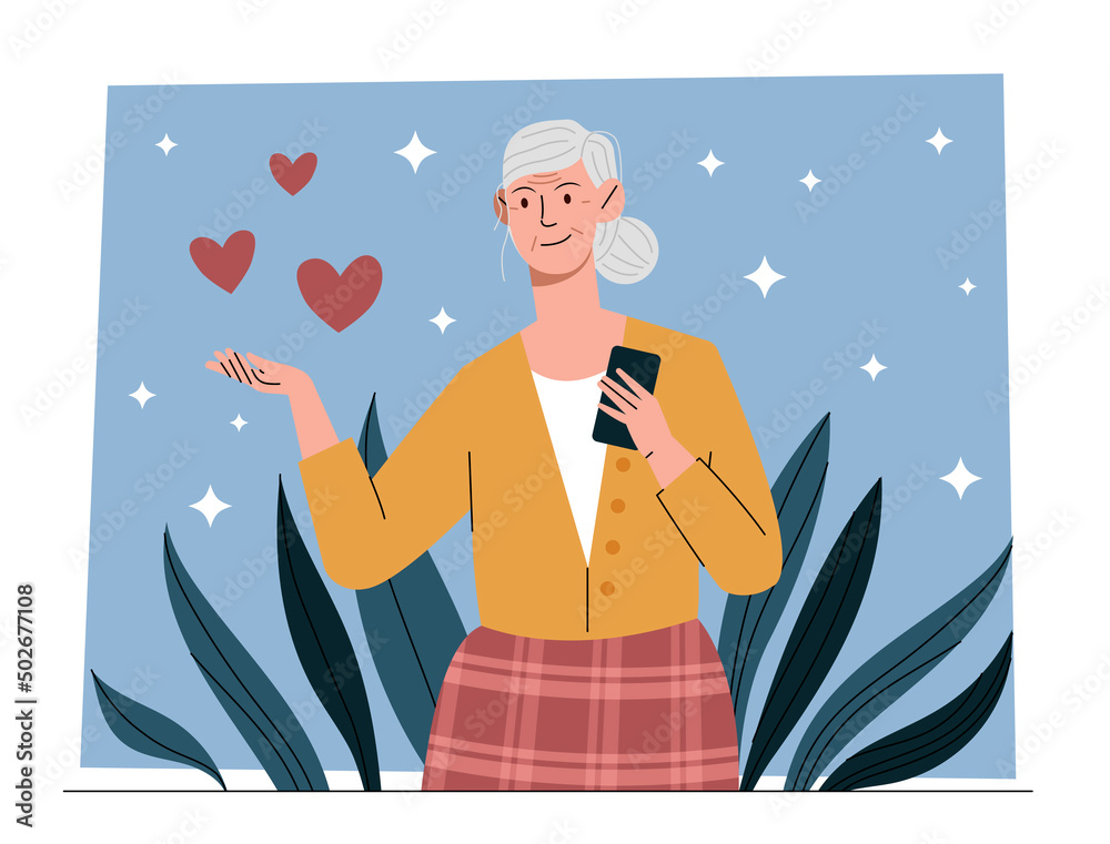 Old woman concept. Grandmother with smartphone sends hearts. Social ...