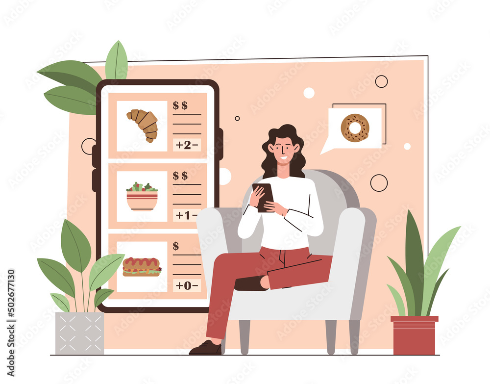 Woman ordering food. Young girl chooses products in online store. Home ...