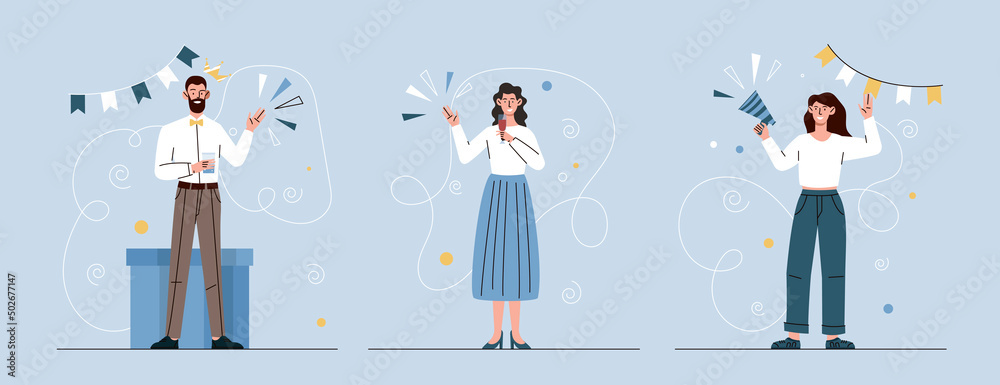 Set of party. Collection of characters with confetti and hats. Students ...