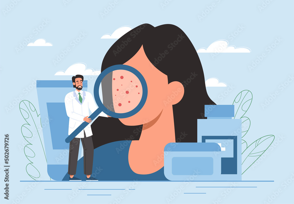 Skin diseases concept. Man with magnifying glass analyzes pimples and ...