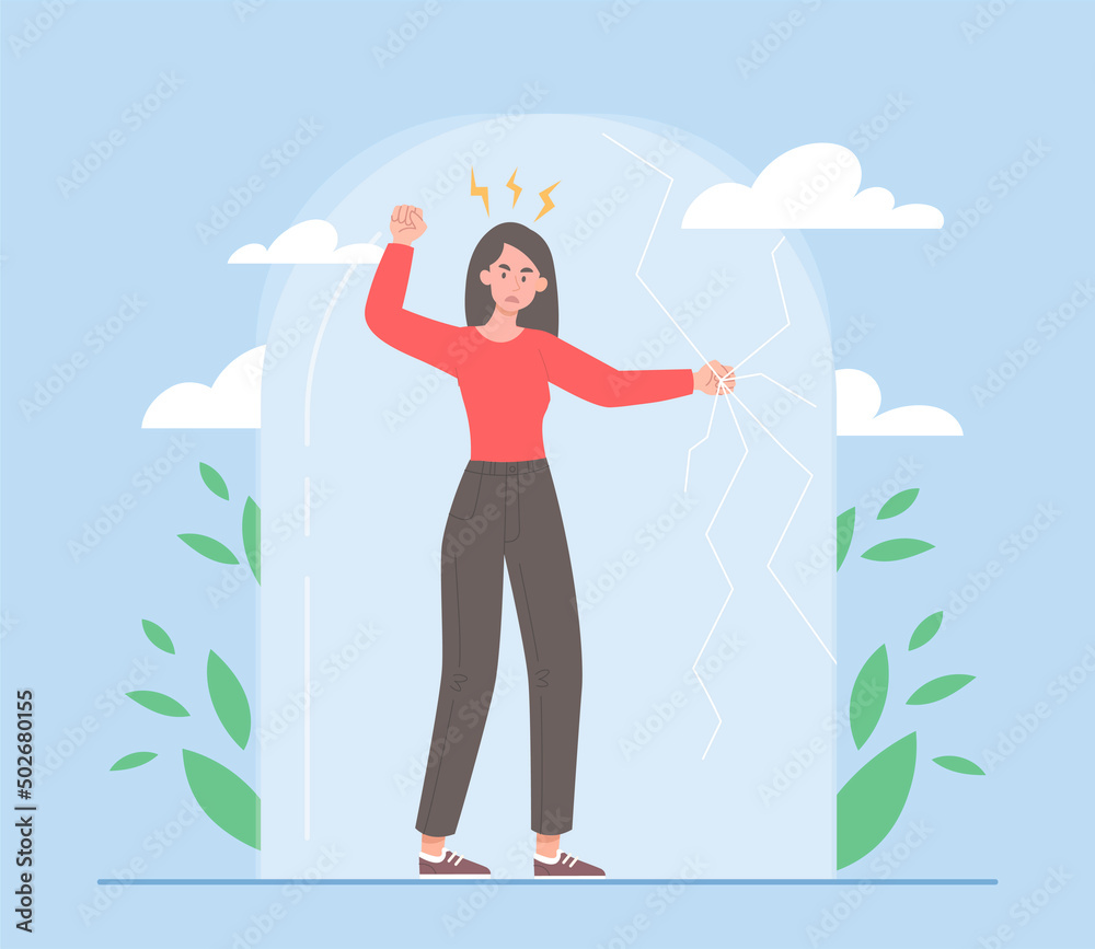 Extrovert individuality concept. Young girl shatters glass dome ...