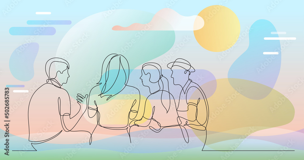 young friends sitting and talking together - one line drawing Stock ...