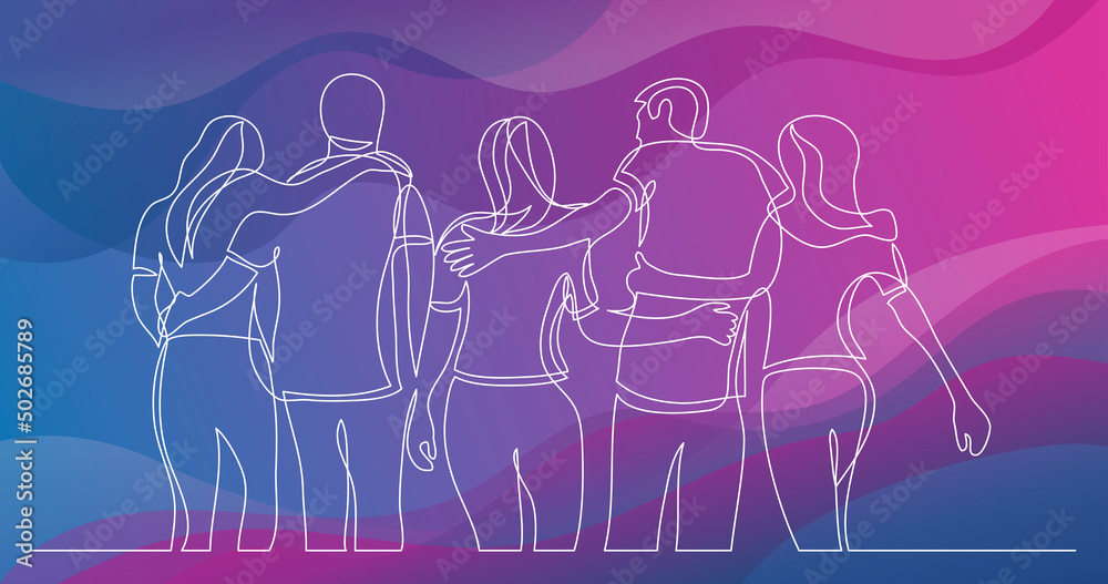 young friends standing together holding hands - one line drawing Stock ...