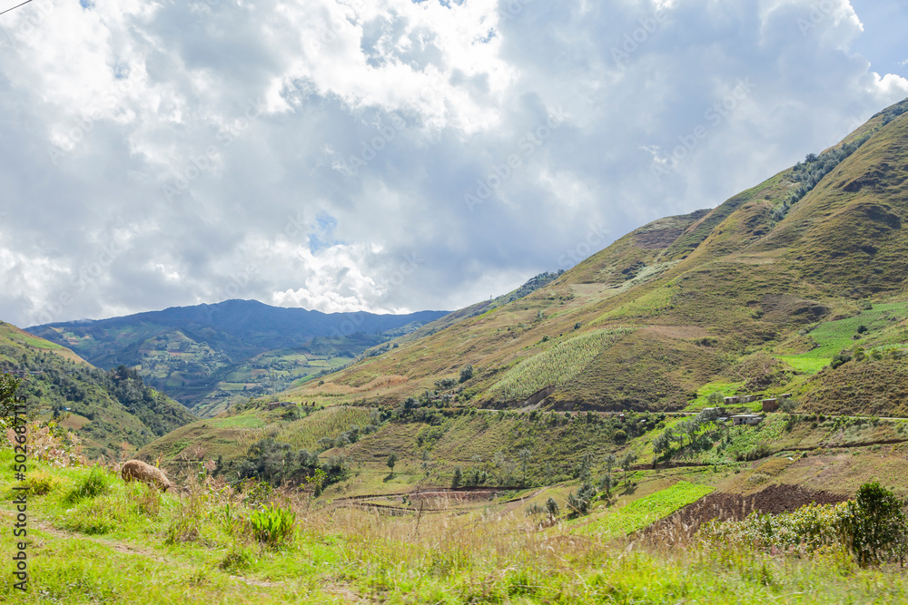 paisaje de la sierra peruana, vegetación, cerros, montañas cielo con ...