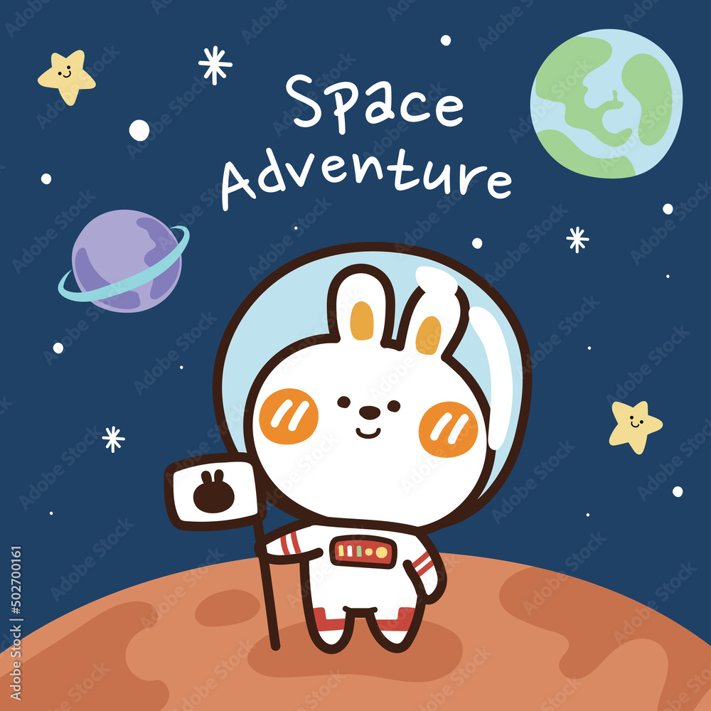 Astronaut rabbit holding flag on planet in space hand drawn background.Cute cartoon character ...