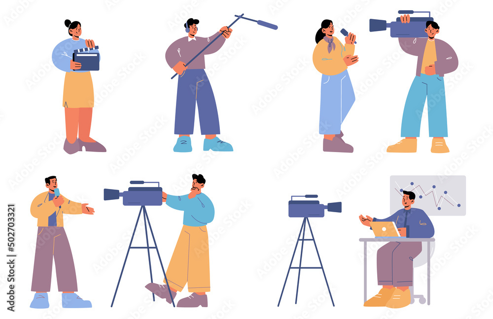 Set tv employees, professional cameraman, videographer and journalist ...